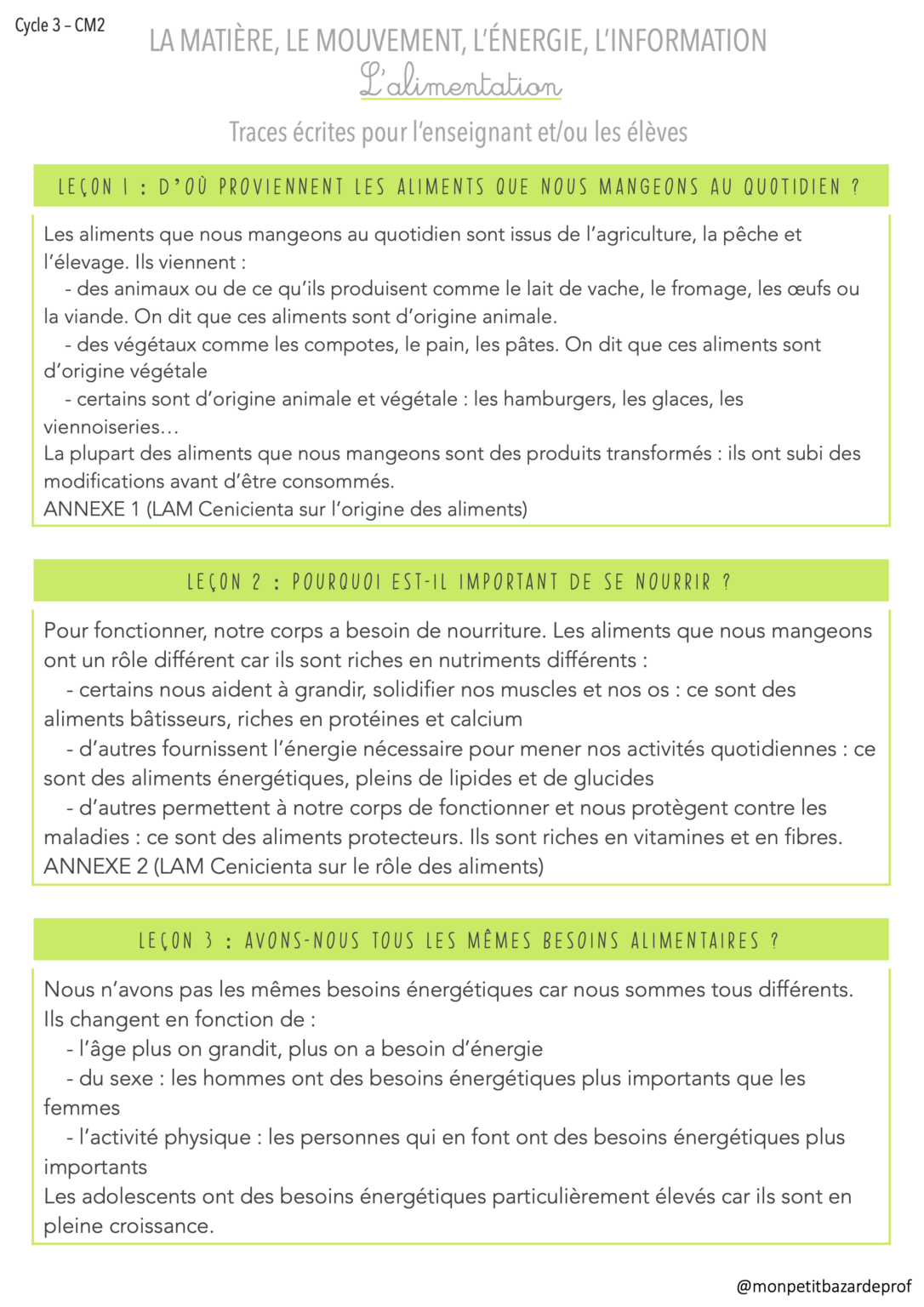 L’alimentation – Séquence et outils