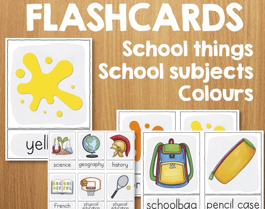 Flashcards – Anglais – School subjects, colours, school supplies