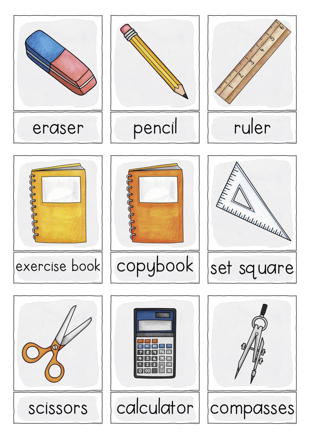 Flashcards – Anglais – School subjects, colours, school supplies