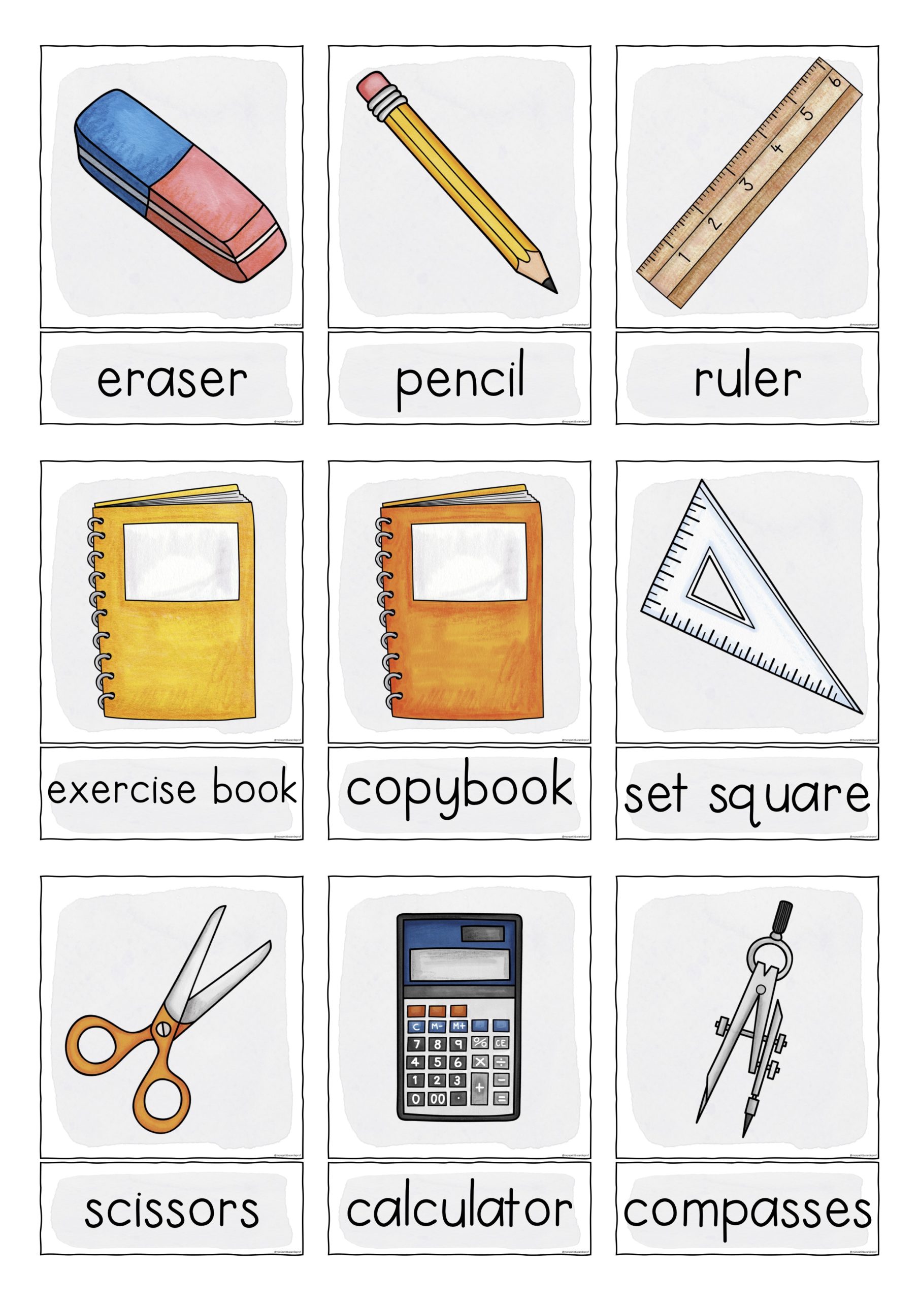 Flashcards – Anglais – School subjects, colours, school supplies