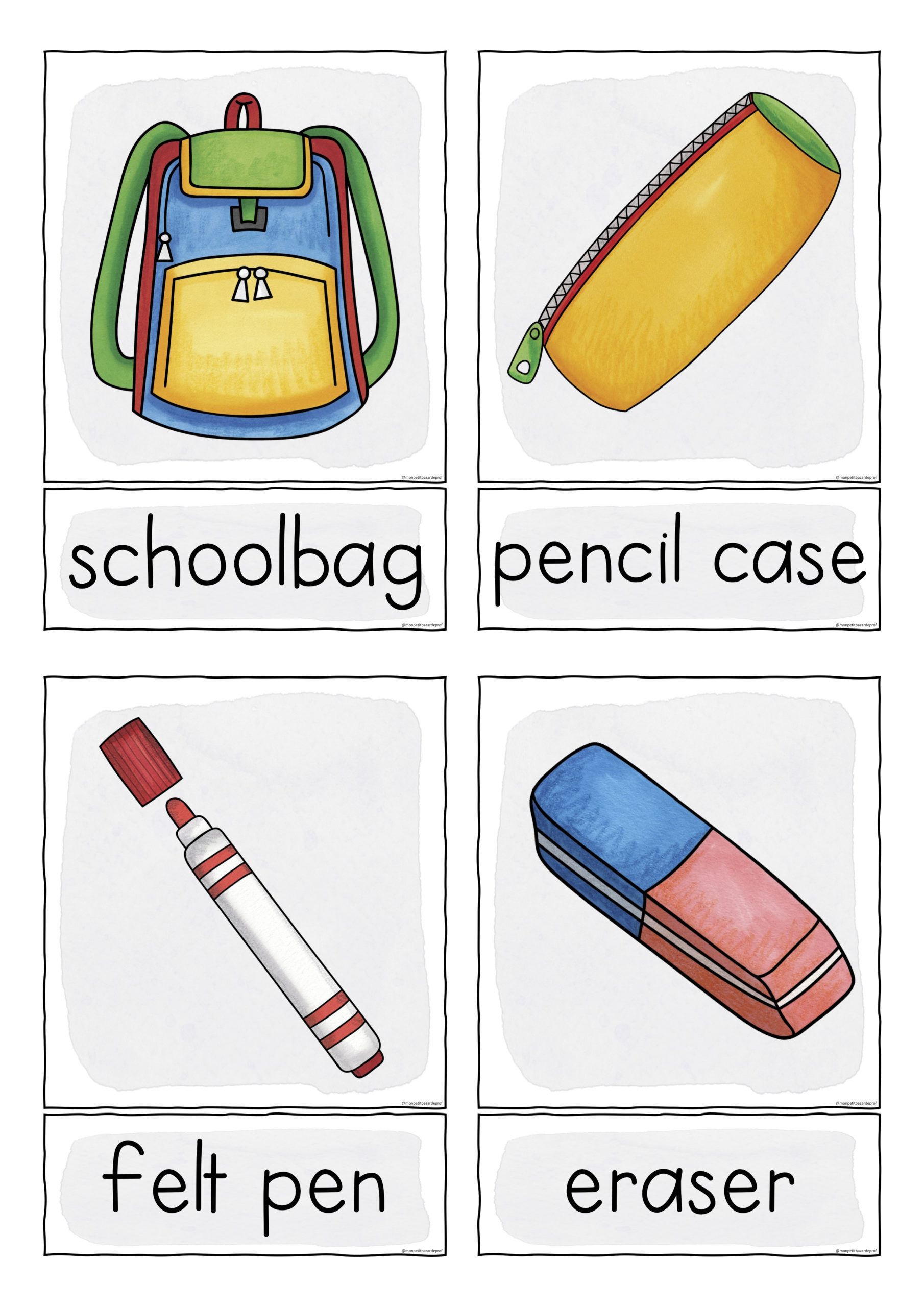 Flashcards – Anglais – School subjects, colours, school supplies