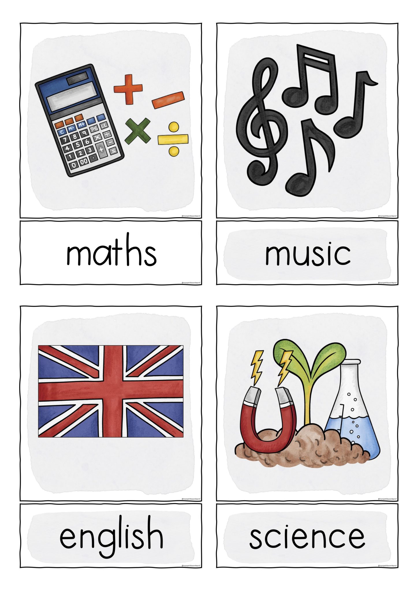 Flashcards – Anglais – School subjects, colours, school supplies