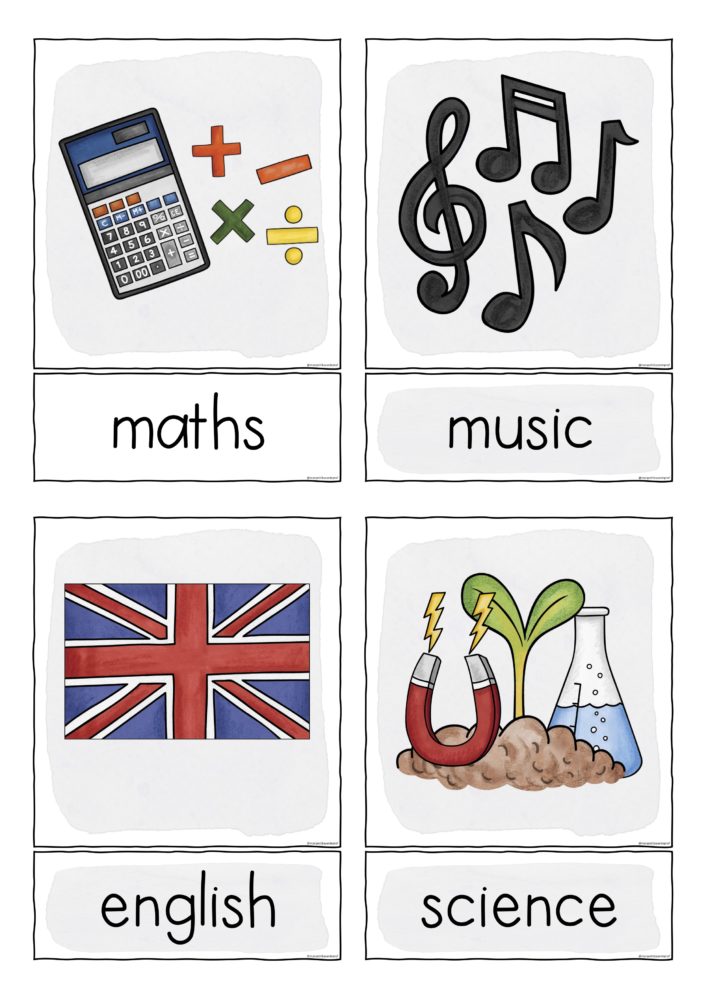 Flashcards – Anglais – School subjects, colours, school supplies