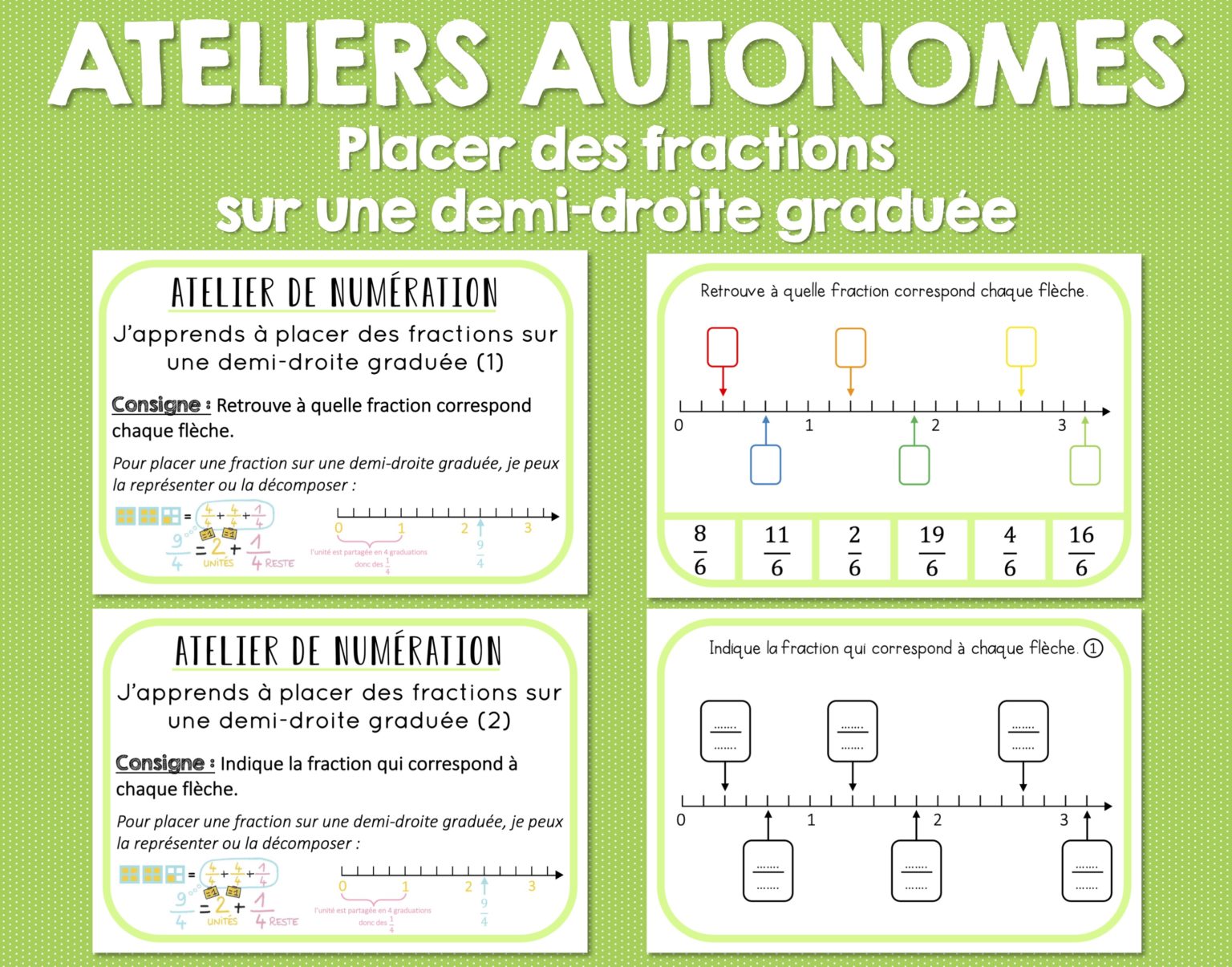 Ateliers autonomes – Numération – placer des fractions sur une demi ...
