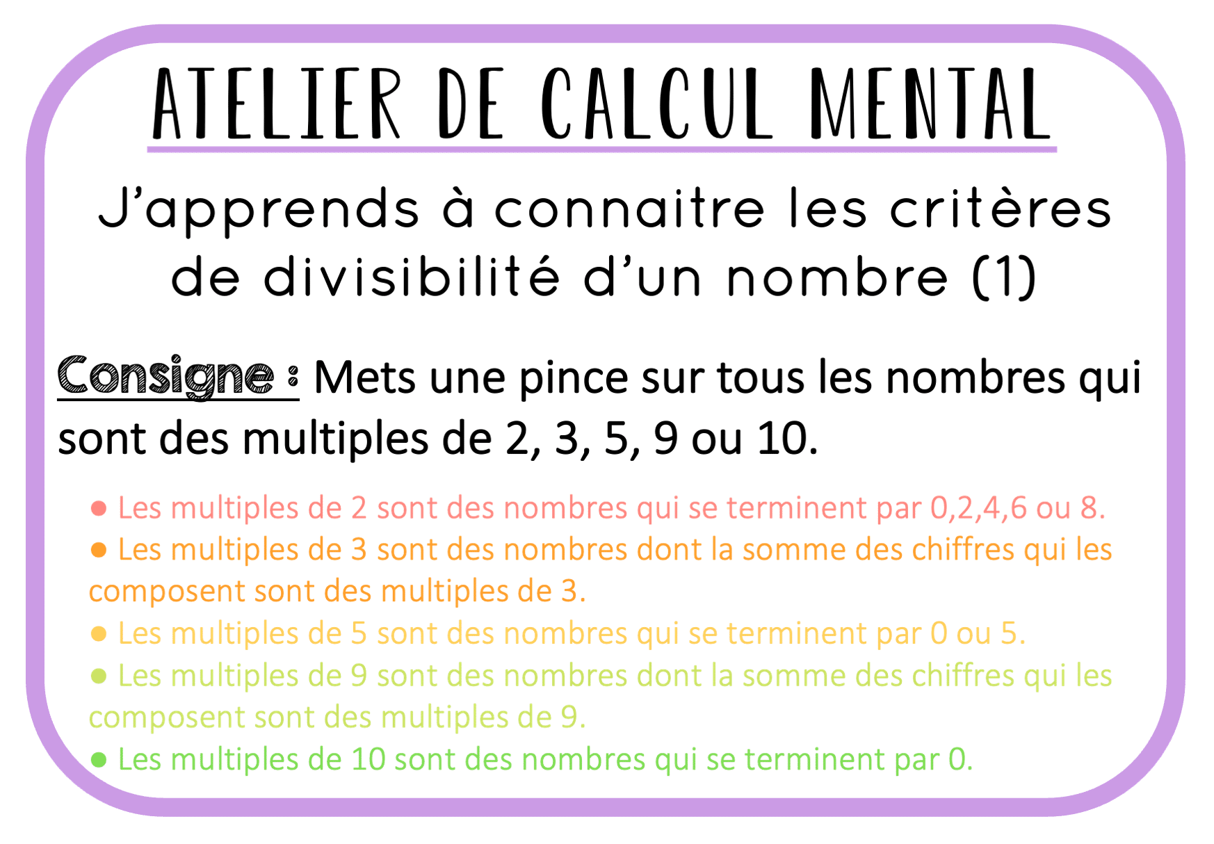 Ateliers autonomes – Calcul – les critères de divisibilité