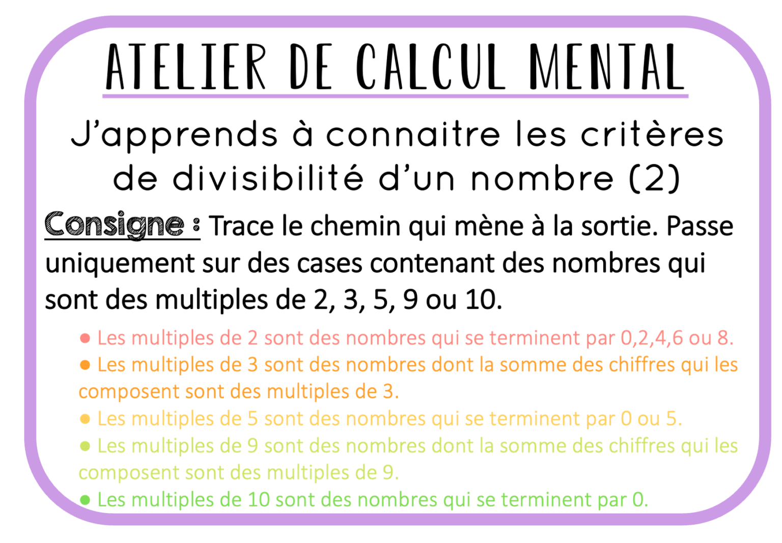 Ateliers autonomes – Calcul – les critères de divisibilité