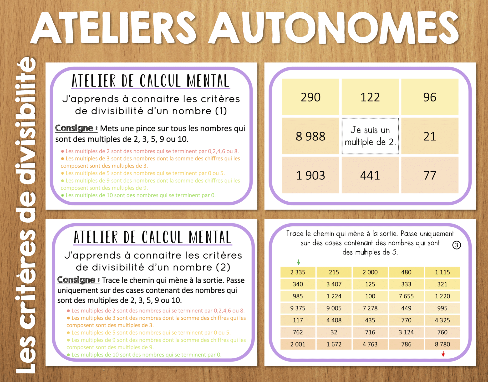 Ateliers autonomes – Calcul – les critères de divisibilité